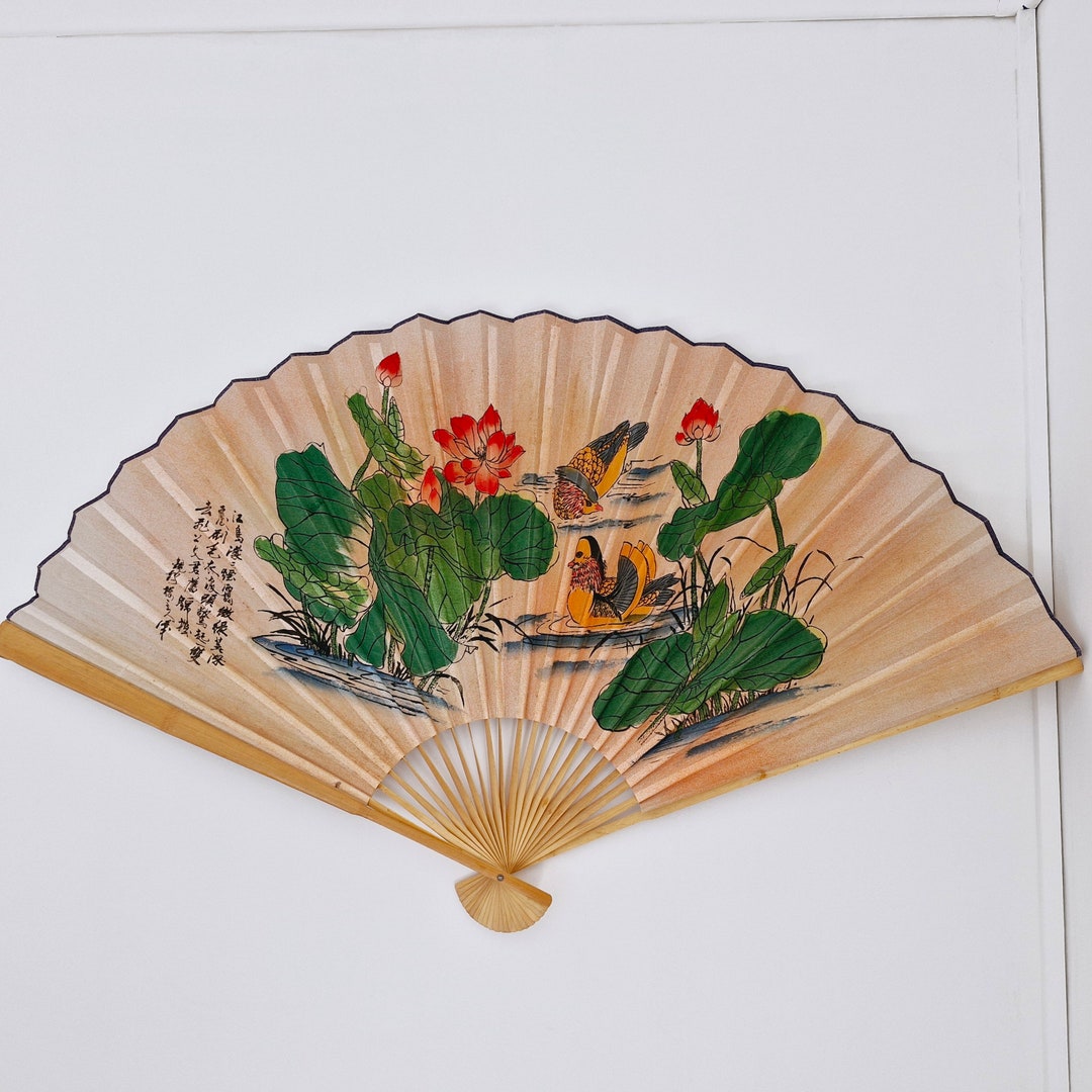 LARGE CHINESE WALL Fan Decor, Asian Hand Painted Lotus Flower Mandarin ...