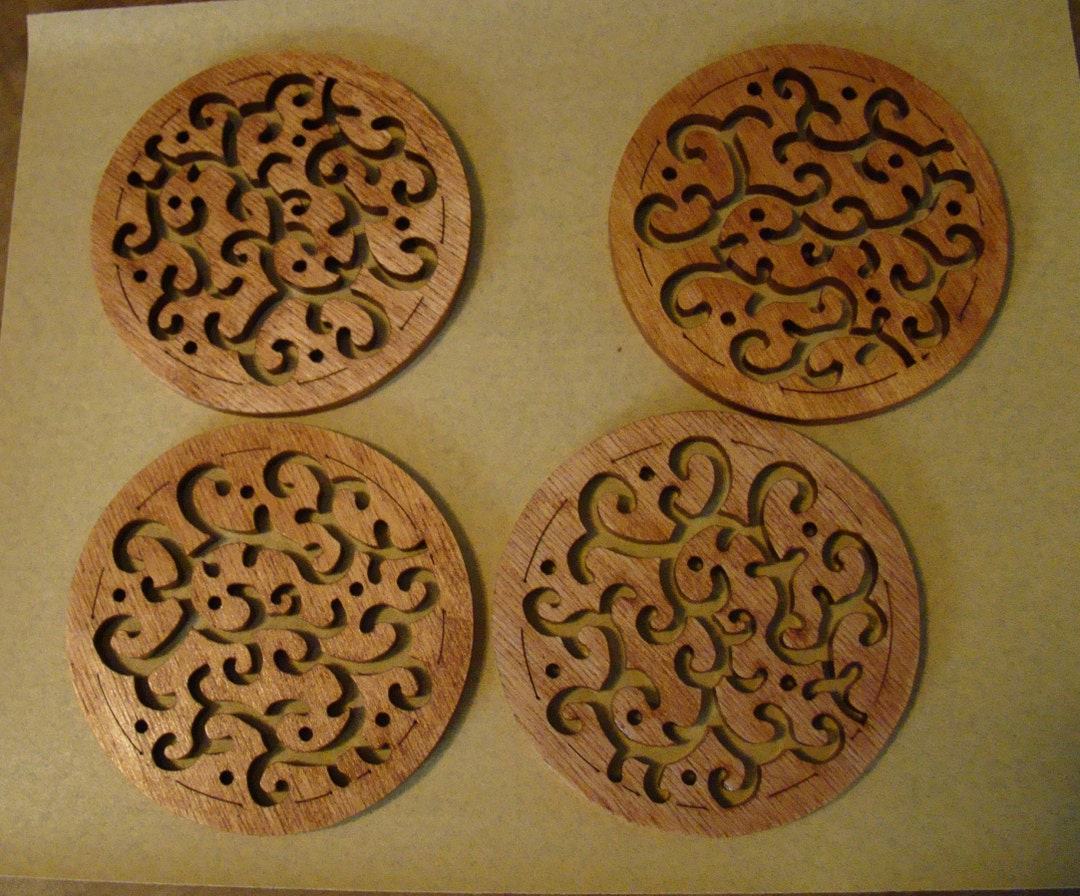 Set of 4 Coasters Wooden Scroll Saw Original Design Hand Guided Gift ...