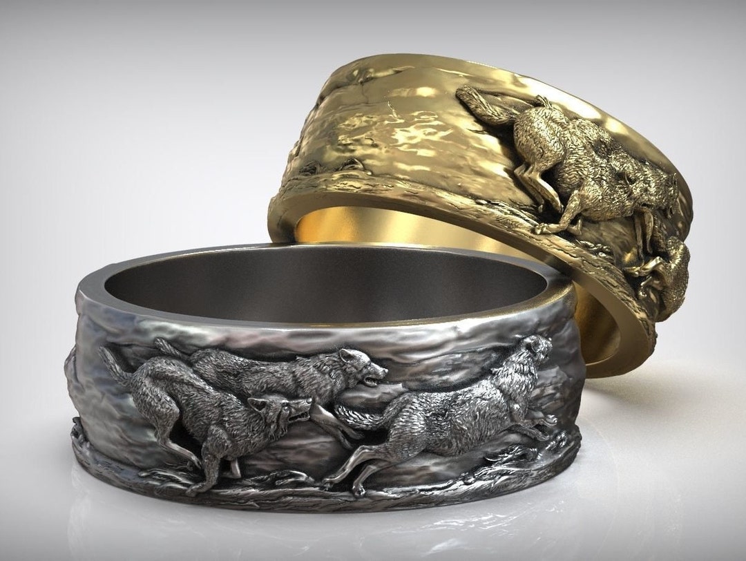 Wolf Ring, Norse Wolfs Band, Wolf Wedding Band, Wolfs Pack Ring, His ...