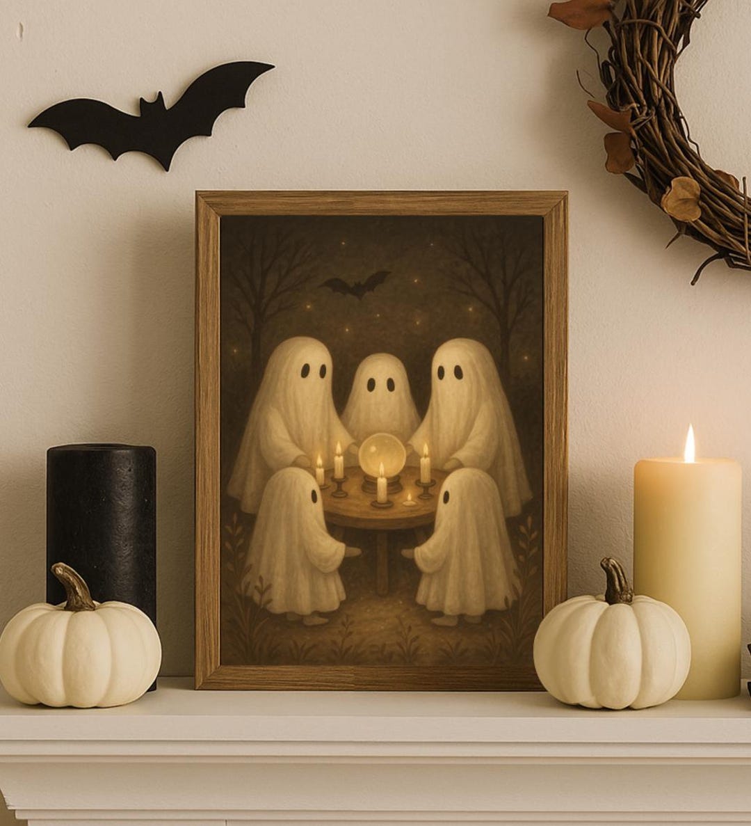 Little Ghosts Around a Glowing Table With Candles and a Crystal Ball ...