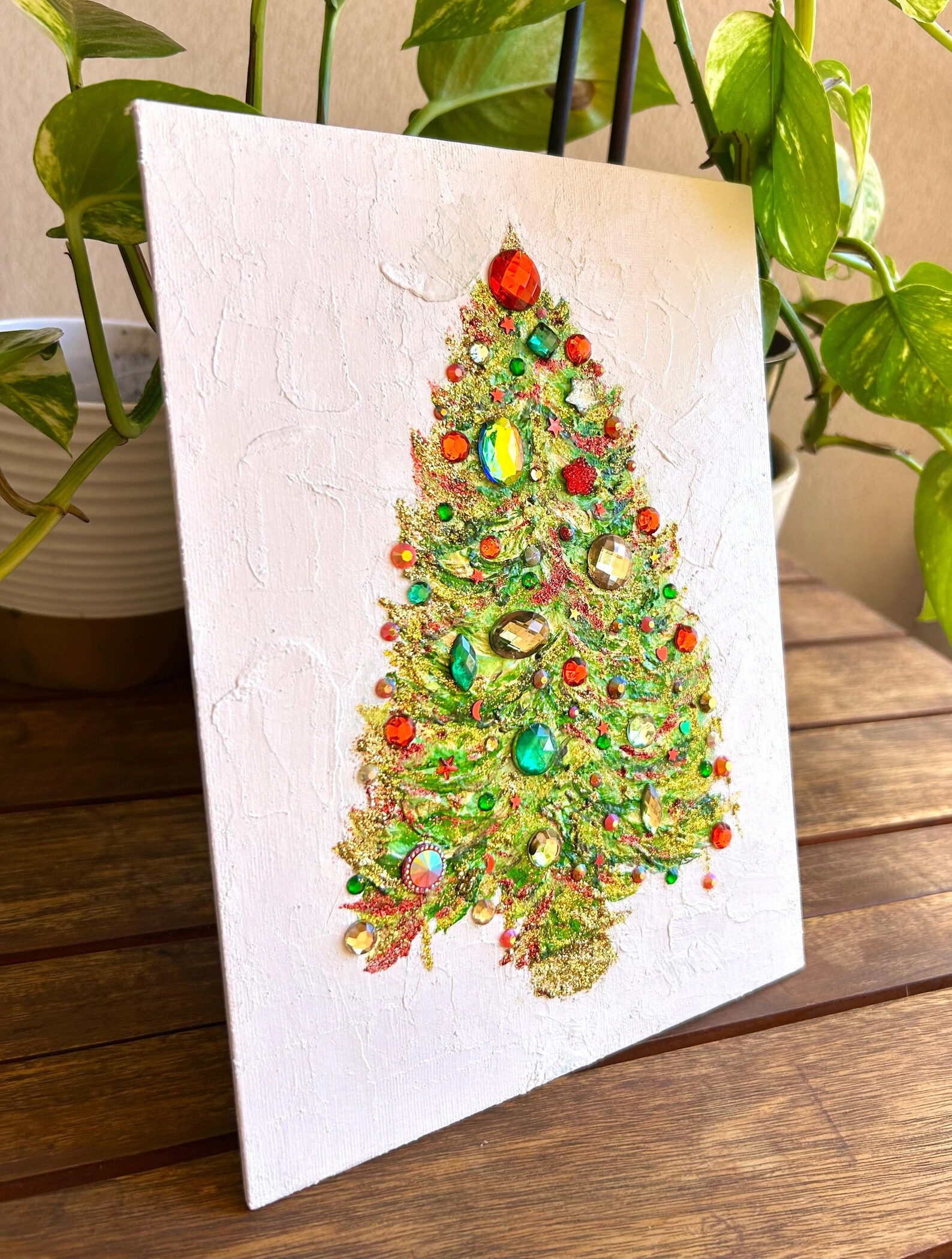 Christmas Tree Wall Art With Rhinestones on Canvas, Handmade Festive ...