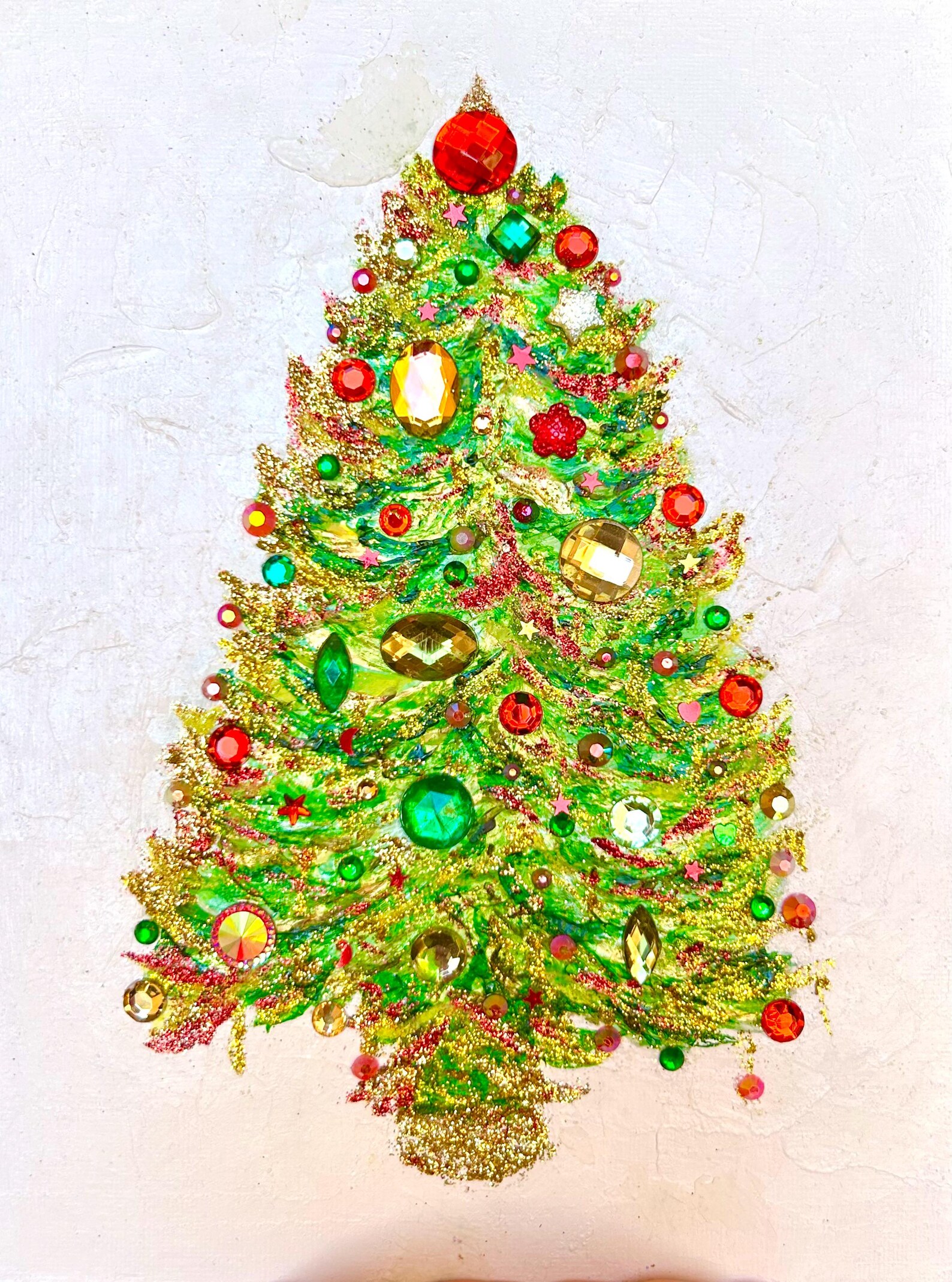 Christmas Tree Wall Art With Rhinestones on Canvas, Handmade Festive ...