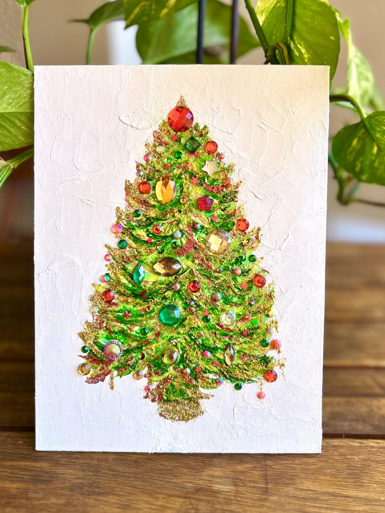 Christmas Tree Wall Art With Rhinestones on Canvas, Handmade Festive ...