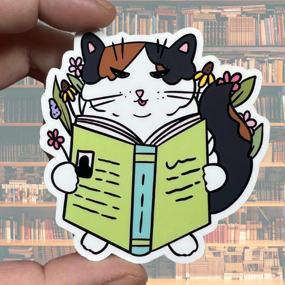 Reading Book Cat Glossy Vinyl Water Resistant Sticker | High Quality ...