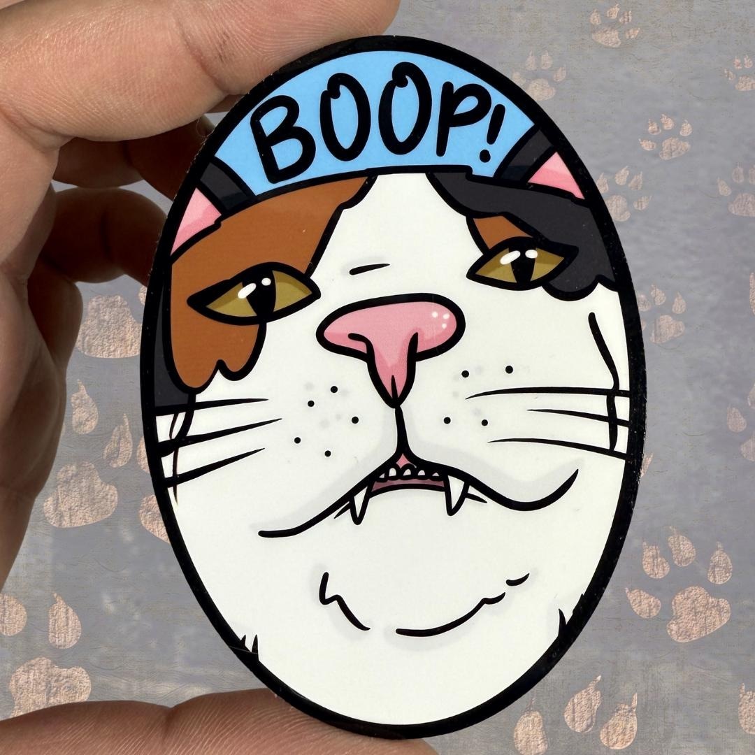 Boop Cat Calico Oval Glossy Vinyl Water Resistant Sticker | High ...