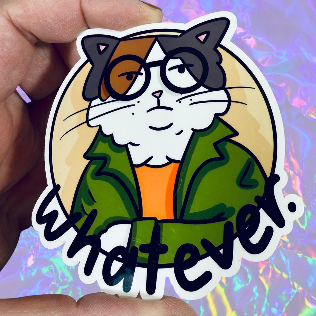 Whatever Calico Cat Glossy Vinyl Water Resistant Sticker | High Quality Art Daria Glasses Green ...