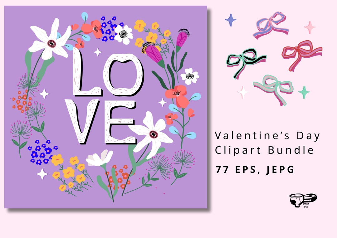 Valentine's Day Hand-drawn Clip Art Bundle, Hearts, Flowers (EPS, JEPG ...