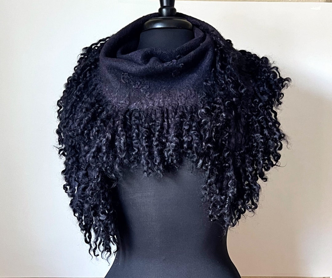 Felted Wool Scarf, Wensleydale Locks Felting Kerchief, Black Color ...