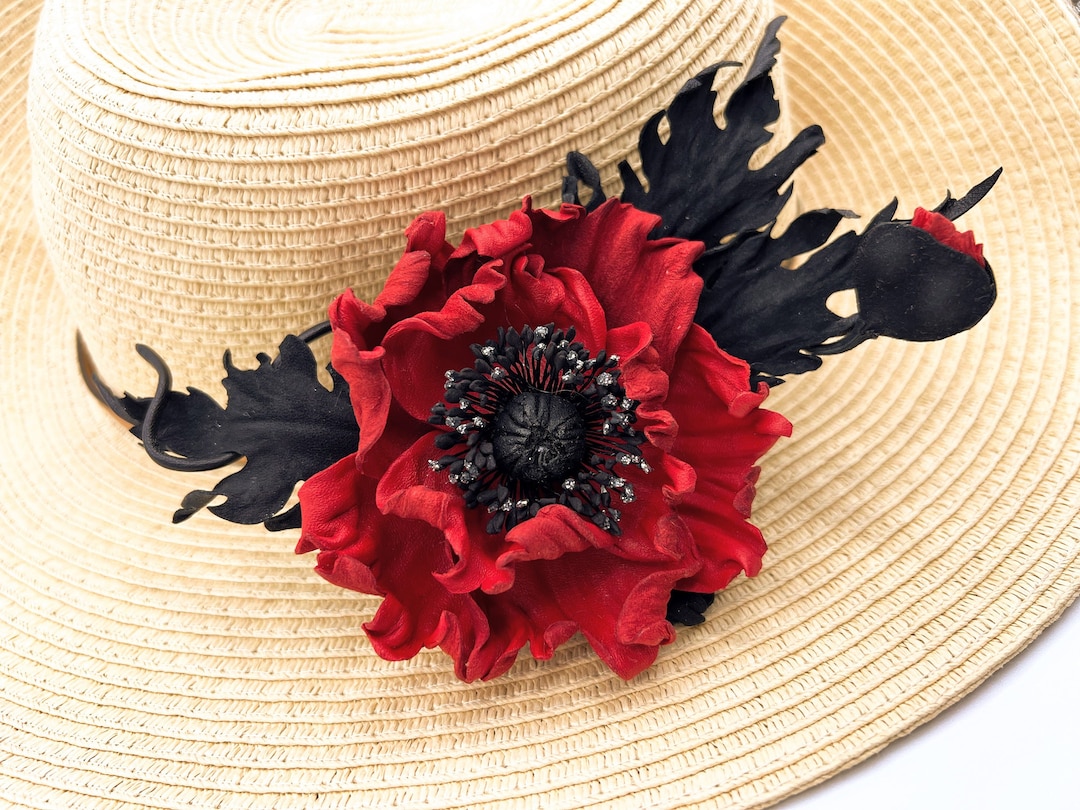 Leather Poppy, Red Flower Brooch, Leather Floral Headpiece, Handmade ...