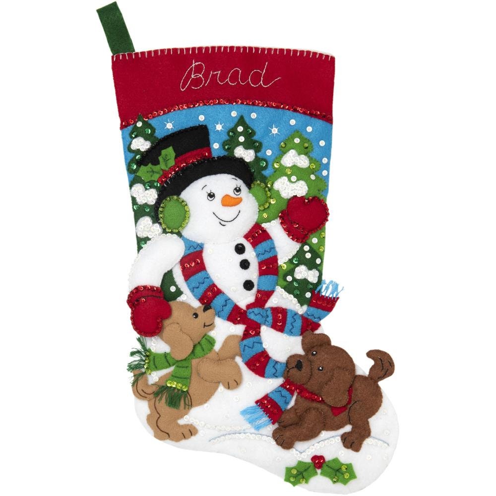 Bucilla 18" Felt Stocking Kit - Snowman & Puppies, Snowman Soccer Fan ...