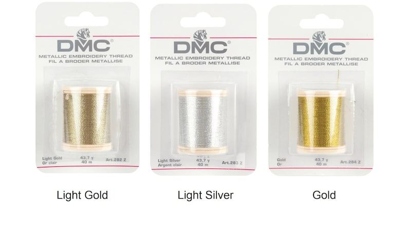 DMC Metallic Embroidery Thread - Light Gold, Light Silver, Gold, 43.7 ...