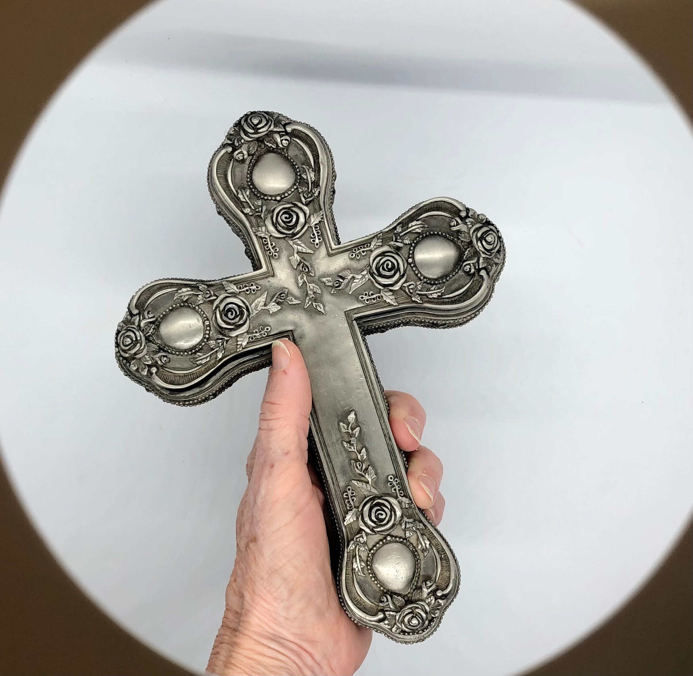 Pewter Cross Trinket Box Floral Raised Design by UDC - Etsy