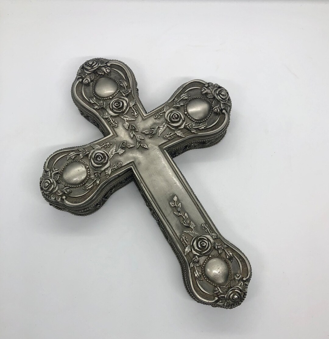 Pewter Cross Trinket Box Floral Raised Design by UDC - Etsy