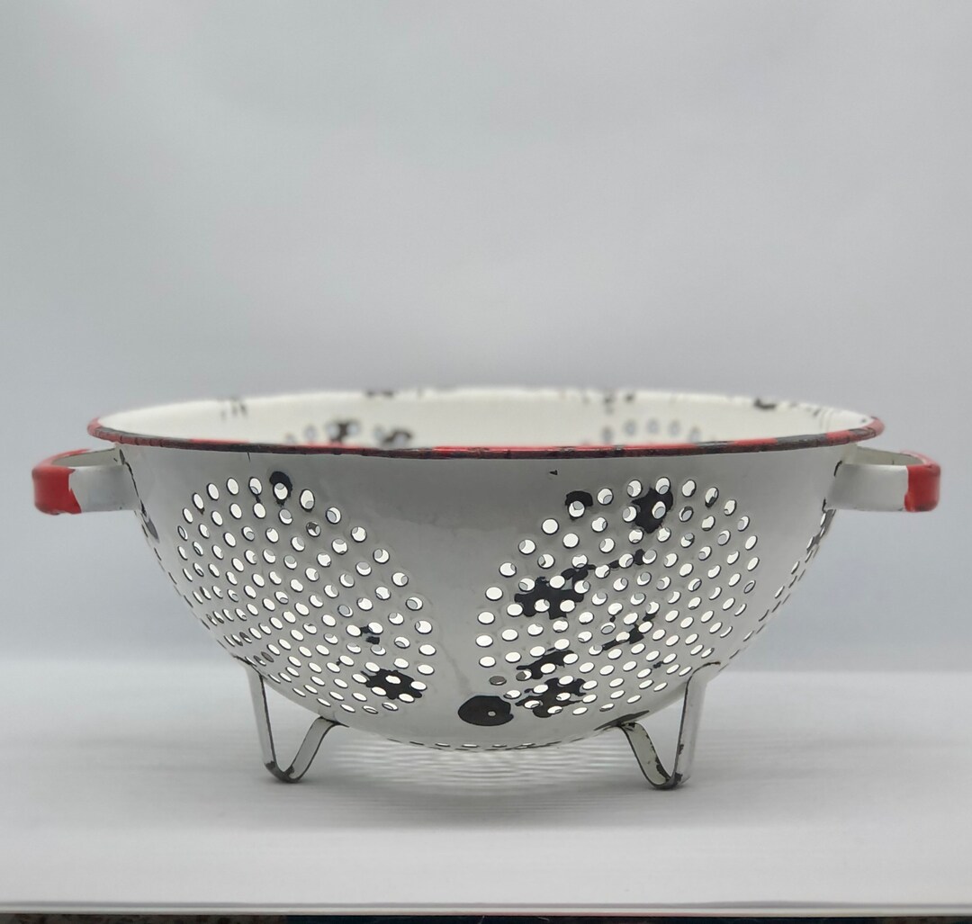 Vintage Enameled Red and White Small Colander - Etsy