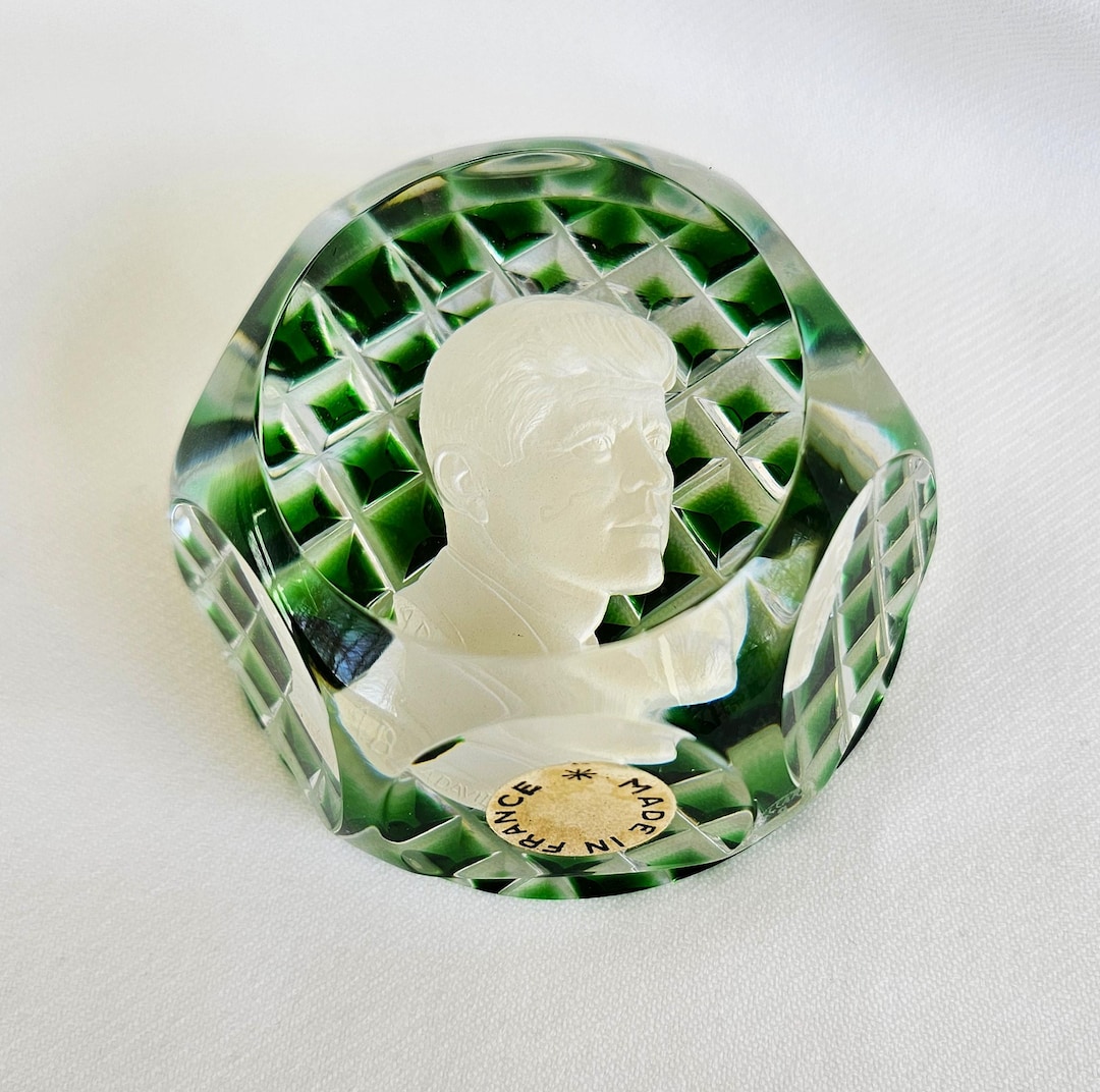 Baccarat Crystal France JFK Glass Window Pane Paperweight White Green ...