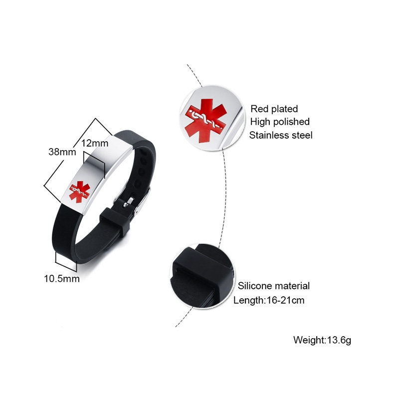 Medical Alert Bracelet Custom Engraved Medical ID Adjustable Silicone ...