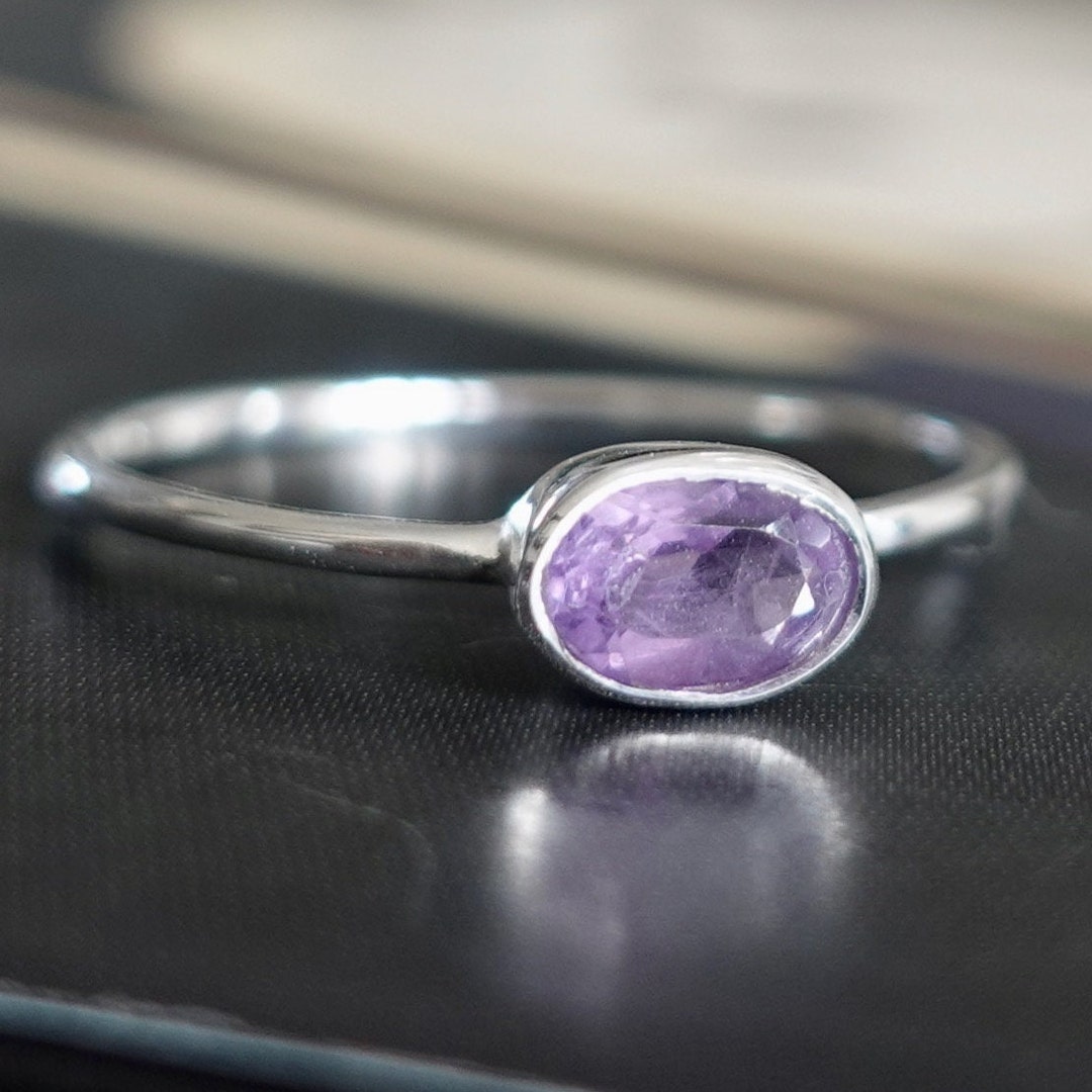 Dainty Oval Amethyst Ring, 925 Sterling Silver, Horizontal Stone ...