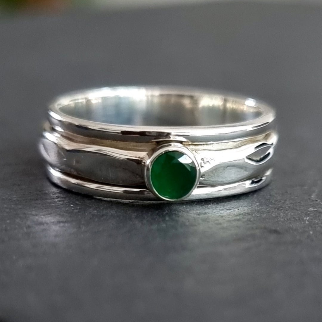 Emerald All Silver Spinner Ring, May Birthstone, Green Gemstone ...