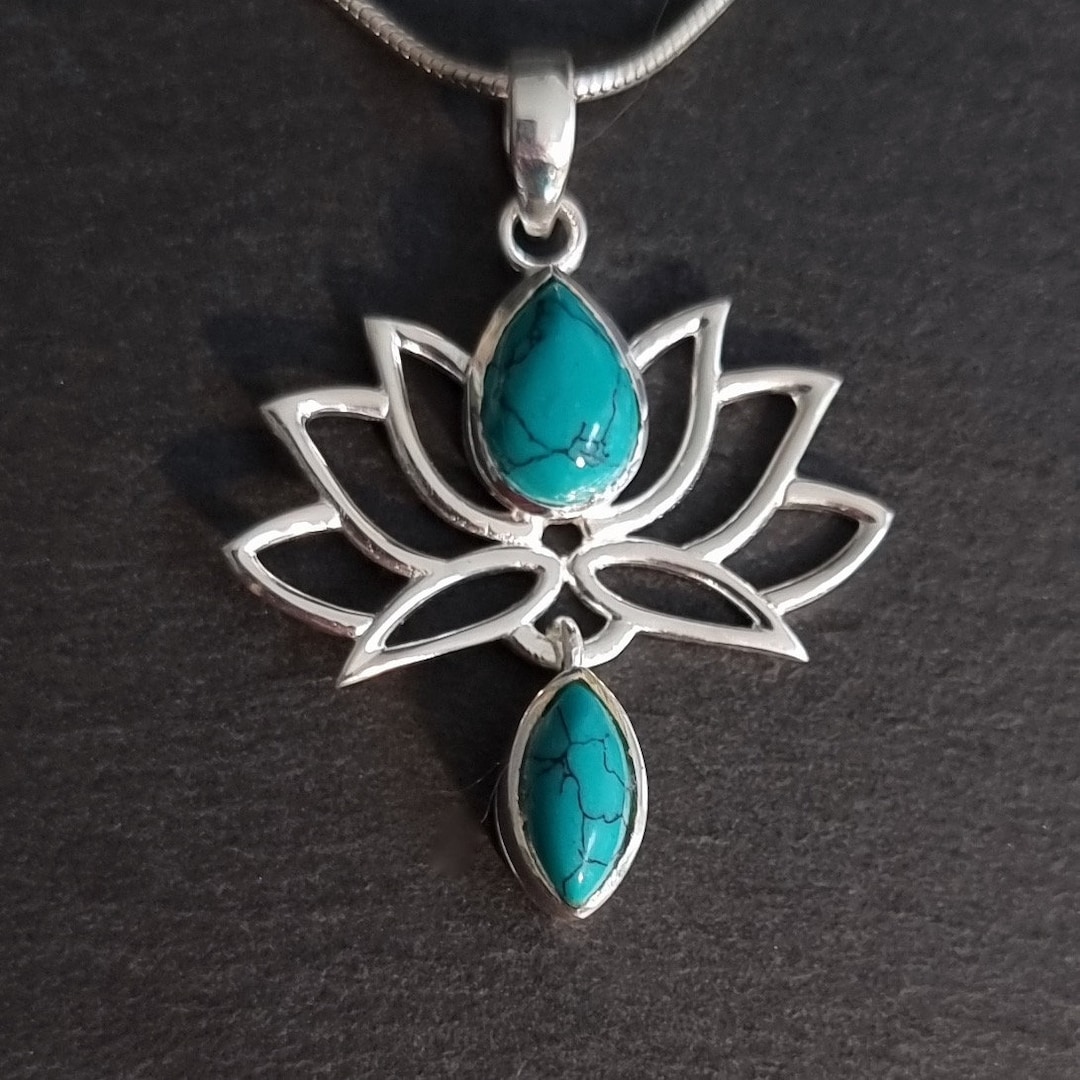 Turquoise Lotus Flower Sterling Silver Pendant, December Birthday Gift ...