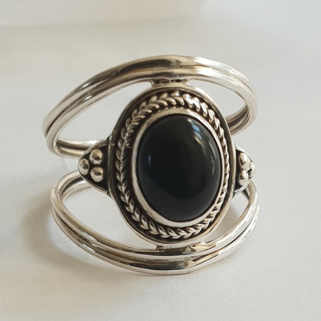 Unisex Black Onyx Sterling Silver Ring, Boho Nepali Style Long ...