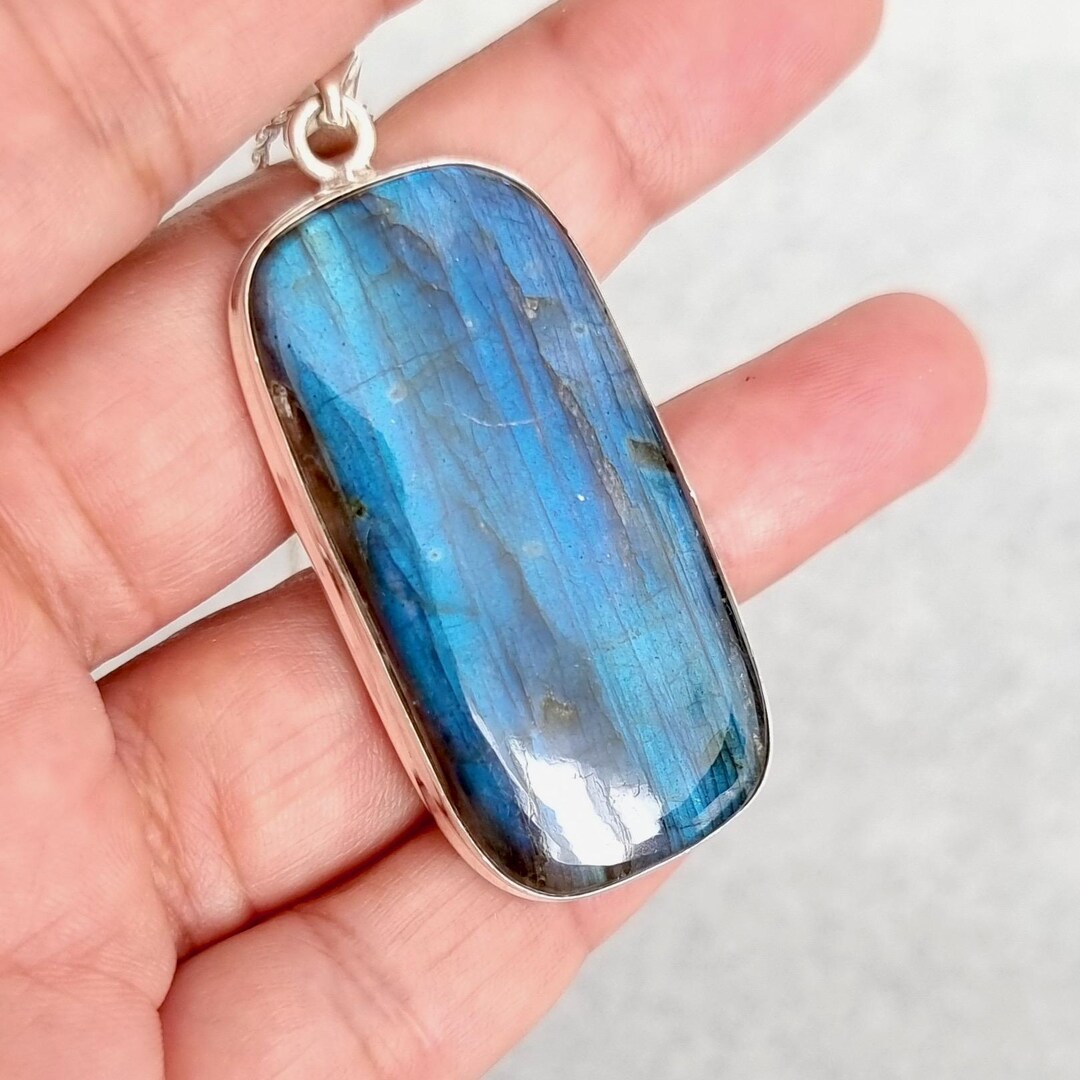 Extra Large Rectangle Blue Labradorite Pendant, 925 Sterling Silver ...
