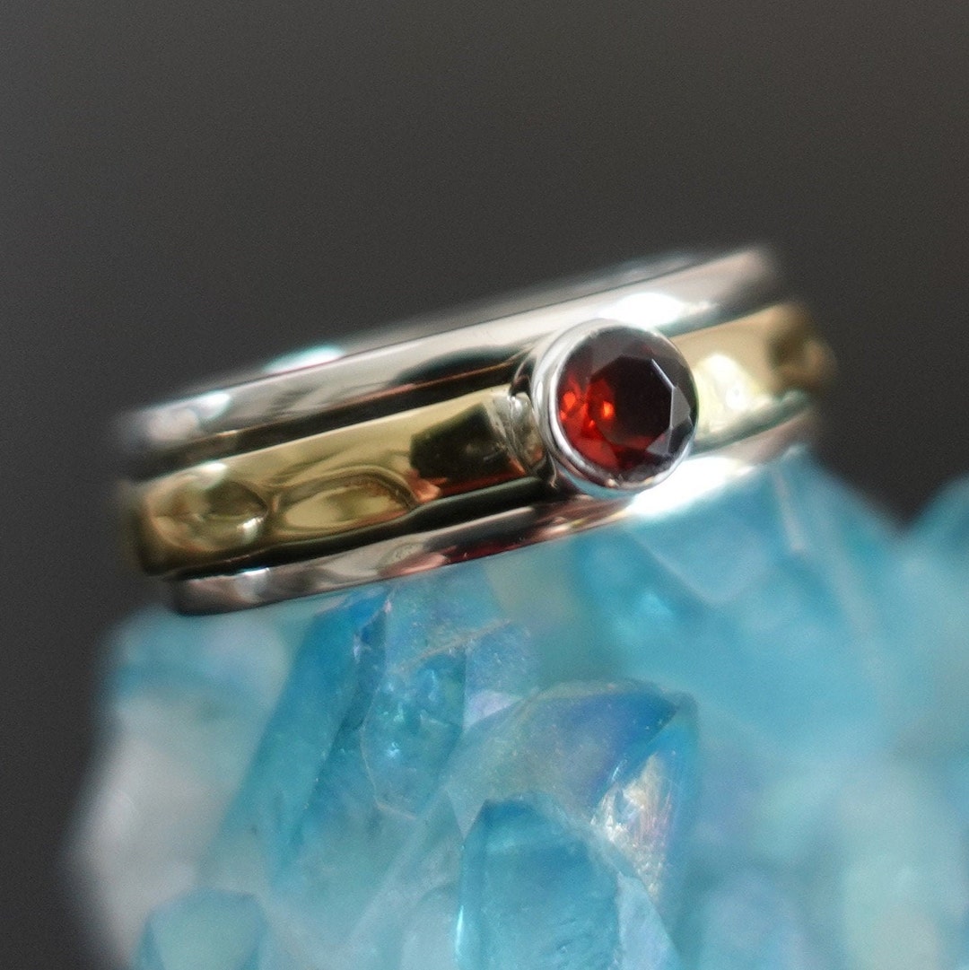 Garnet Brass Silver Spinner Ring, Two Tone Gemstone Spinning Ring ...