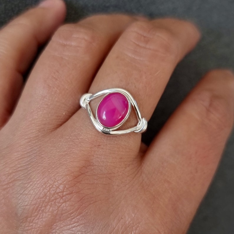 Modern Oval HOT Pink Agate Ring, 925 Sterling Silver, Fuchsia Cerise ...