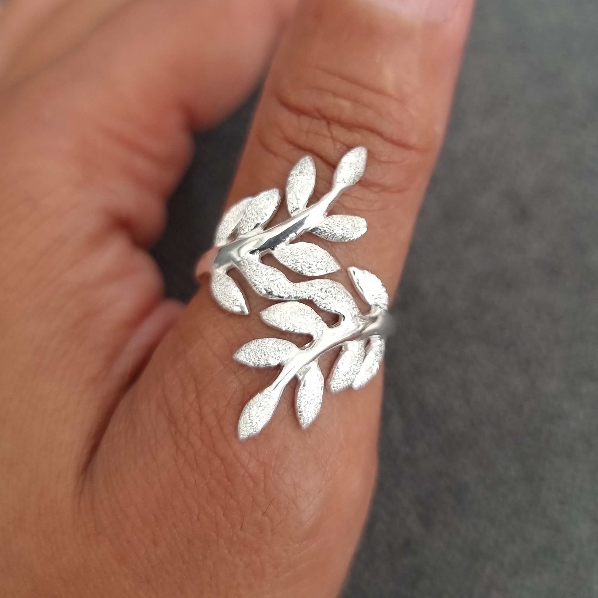 Designer Brushed Sterling Silver Leaf Ring, 25th Anniversary Designer Brushed Sterling Silver Leaf Ring, 25th Anniversary