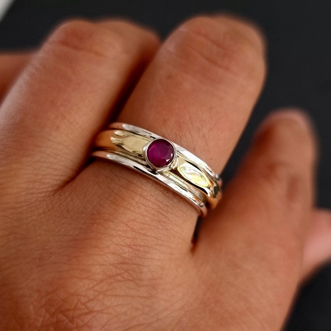 Ruby Brass Silver Spinner Ring, July Birthstone, Red Gemstone Spinning ...