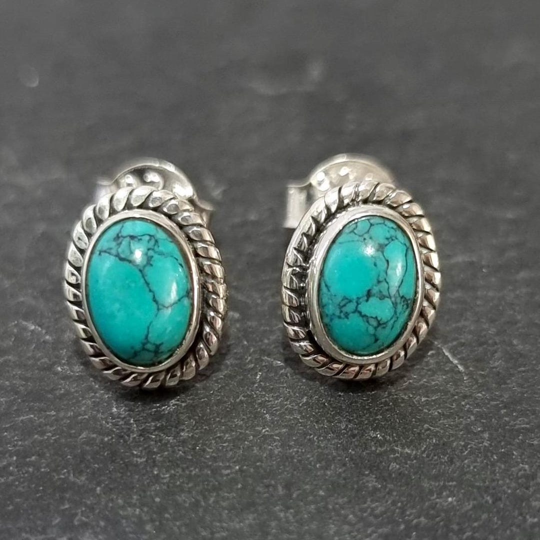 Boho Oval Turquoise Studs Earrings, 925 Sterling Silver, Size 1.0cm X 0.8cm, December Birthstone ...