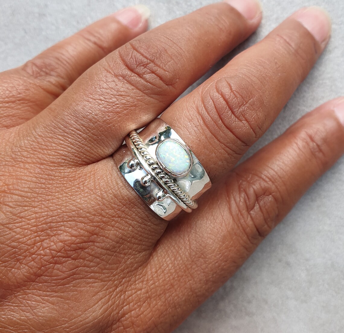 White Opal Ring Wide ALL SILVER Band October Birthstone | Etsy