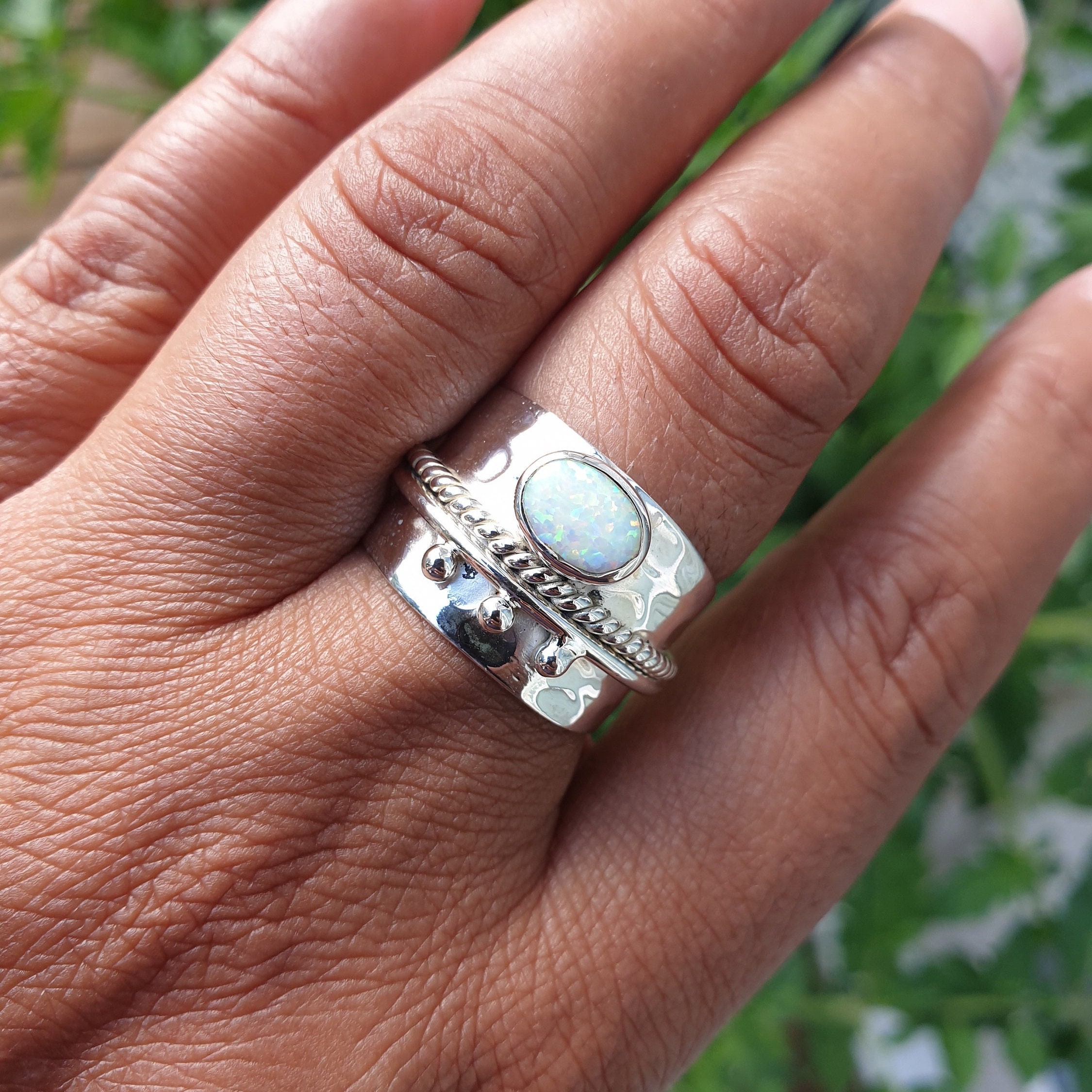 White Opal Ring Wide ALL SILVER Band October Birthstone | Etsy UK