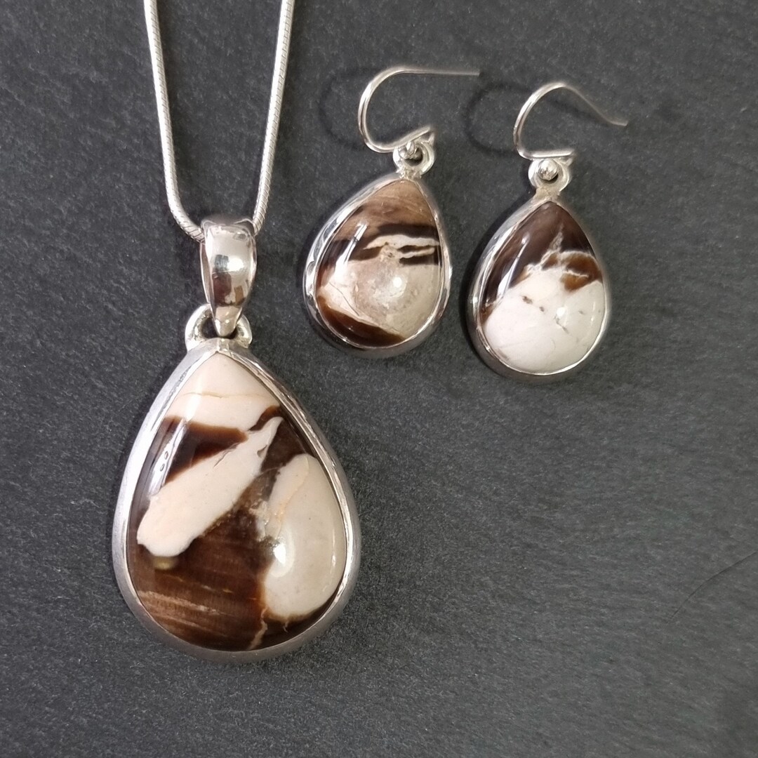 Petrified Wood Pendant Earrings Set, Peanut Wood Jasper, Teardrop 925 ...
