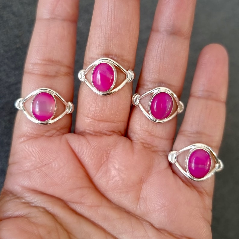 Modern Oval HOT Pink Agate Ring, 925 Sterling Silver, Fuchsia Cerise ...