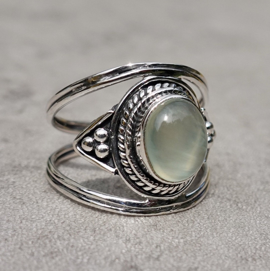 Bohemian Prehnite Sterling Silver Ring, Oval Nepali Forefinger Ring ...