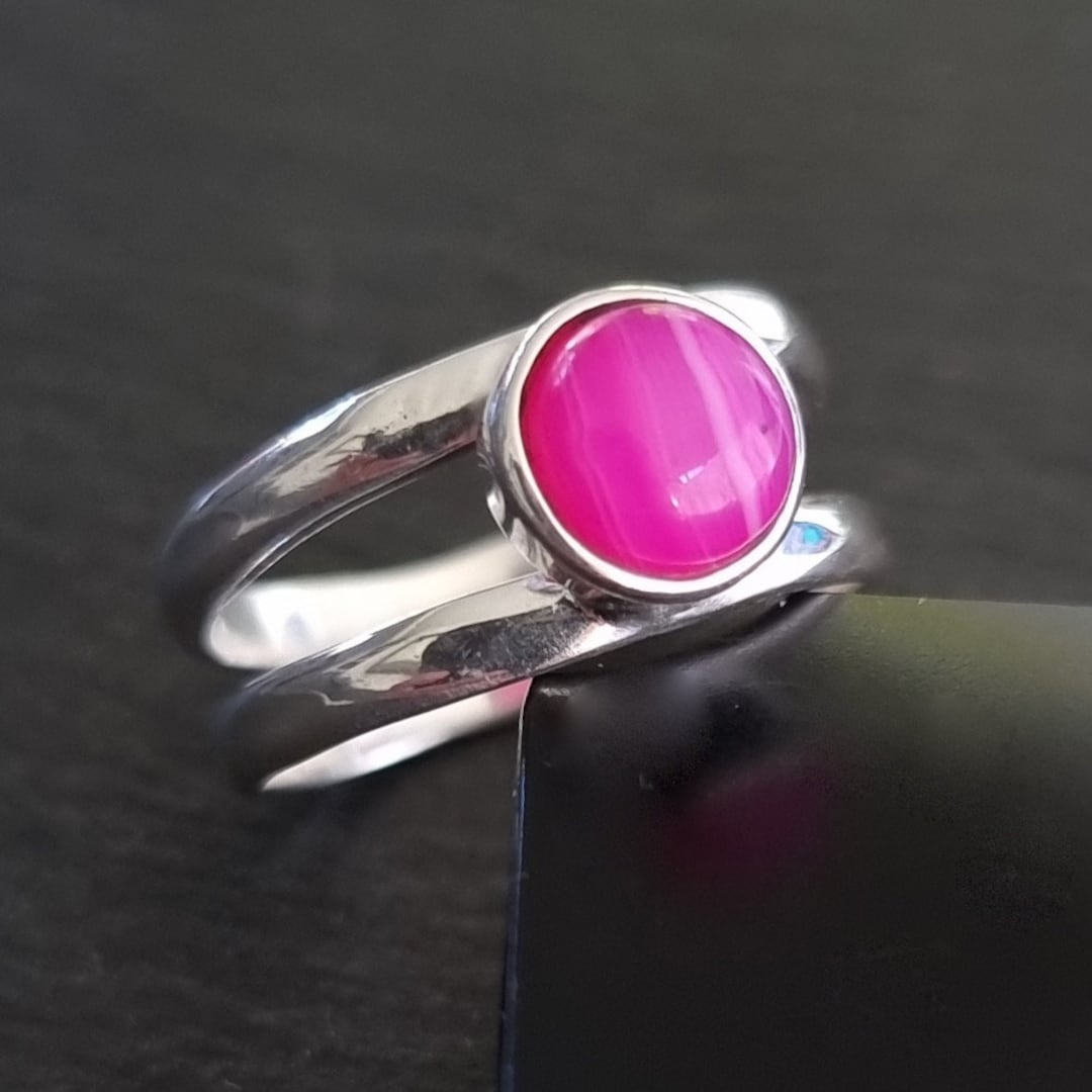 Round HOT Pink Agate Sterling Silver Ring, Fuschia Bright Pink Gemstone ...
