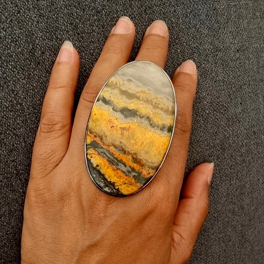 IMPERFECT Huge Adjustable Bumble Bee Jasper Ring, Size US 9.5 UK S 1/2 ...