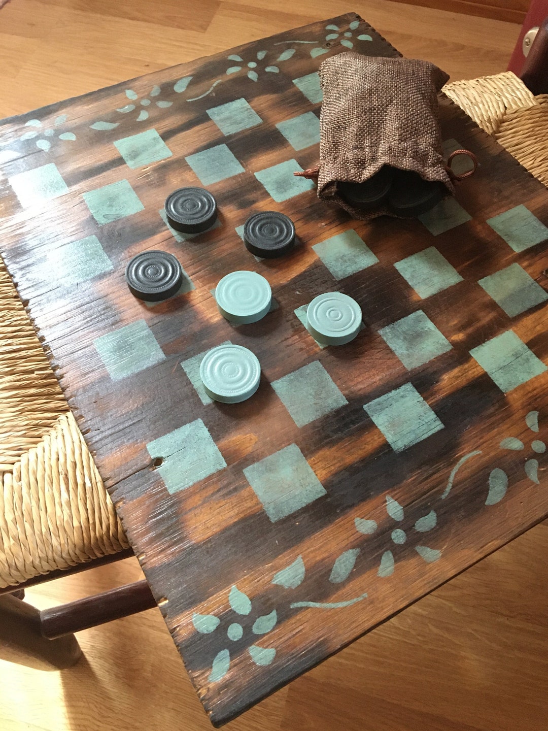 Handmade, Rustic, Stenciled Checker Board With Vintage Wooden Checkers ...