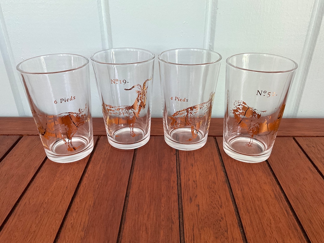 Set of Four Vintage French Gold Farm Animal Glasses - Cow, Goat, Pig ...