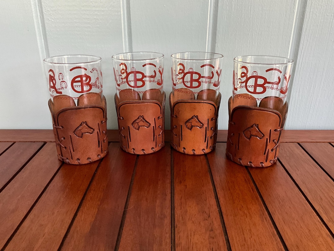 Four Libbey Bamco Western Cowboy Branding Glasses With Original Leather ...