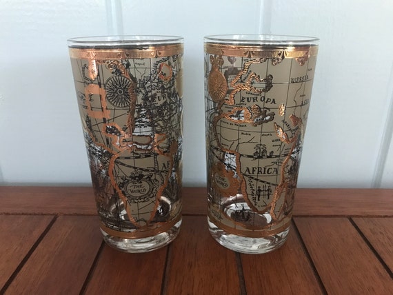 Two Cera Glass Maps Glasses Atlas/globe/world Map - Etsy