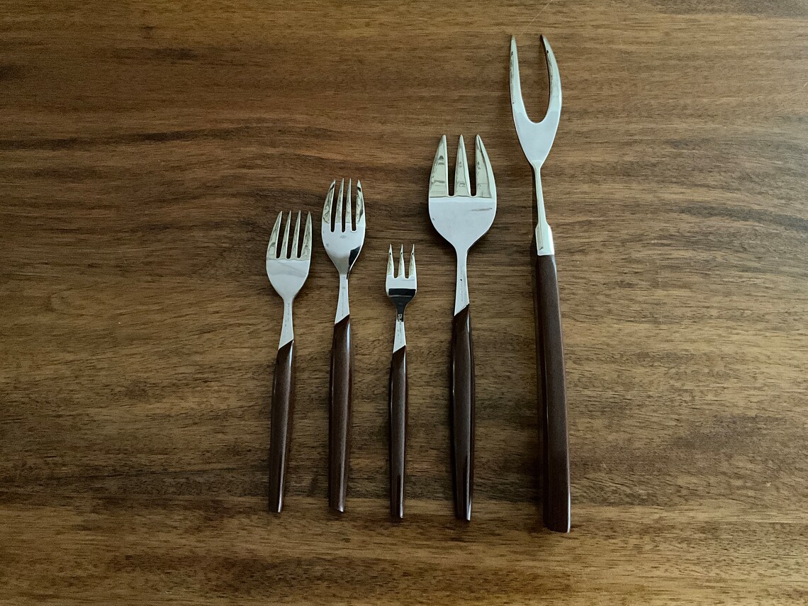 One Mid Century Danish Modern Eldan Brown Handle Stainless Silverware ...