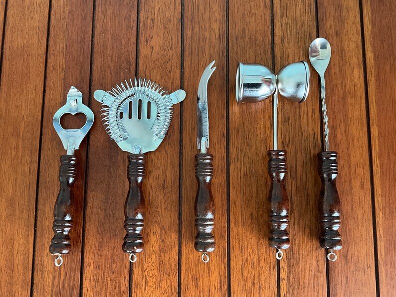 Vintage Wood Handle 5 Piece Bar Tool Set With Stand in - Etsy