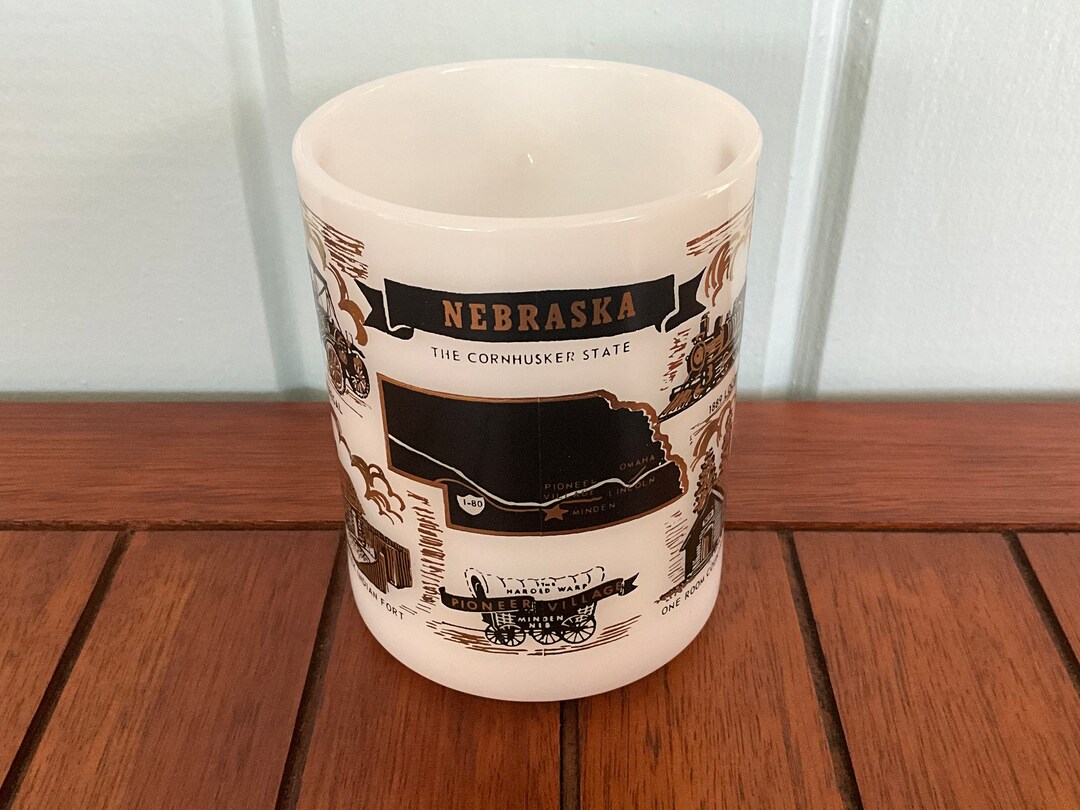 One Federal White Milk Glass Mug, Black and Gold Nebraska Souvenir Cup ...