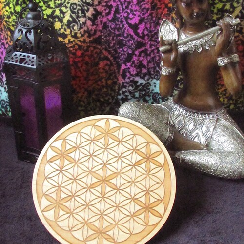 Flower of Life Wooden Circle Engraved Crystal Grid Plate - Etsy