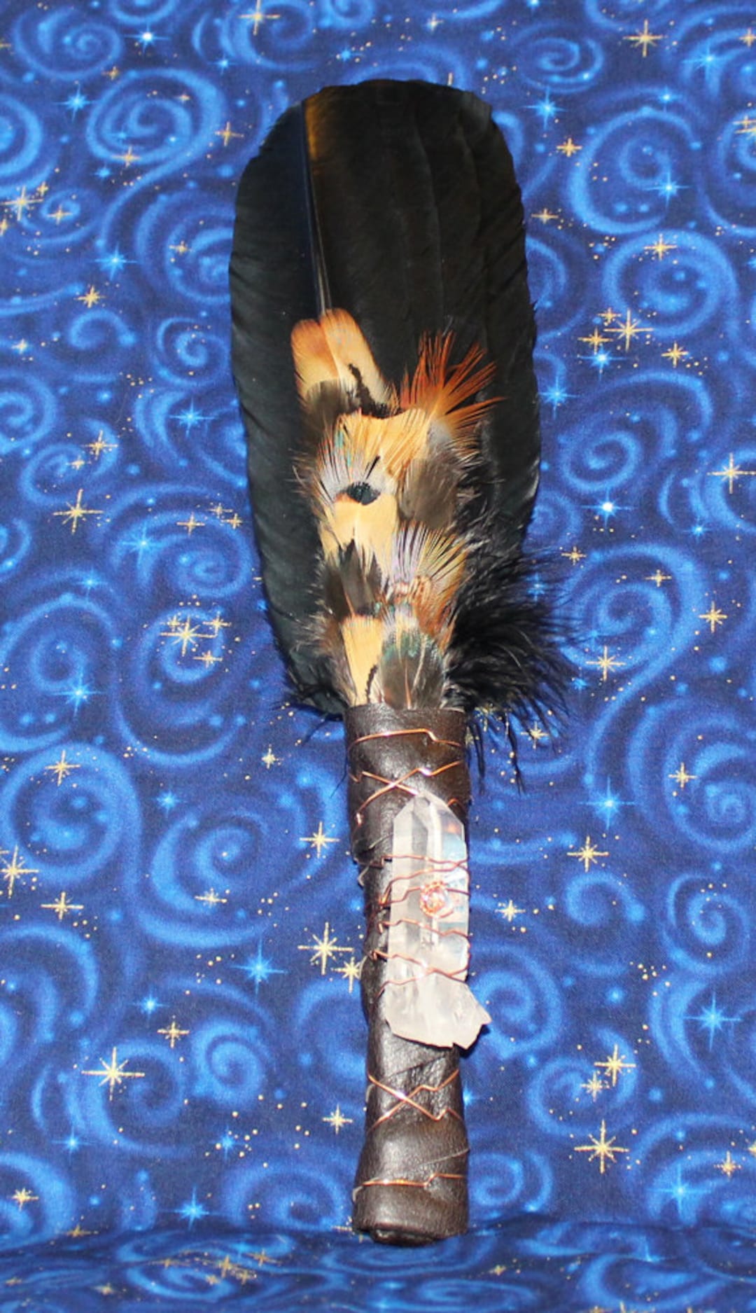 SMUDGING FEATHER FAN Black Turkey Feathers and Quartz Crystal Sacred ...