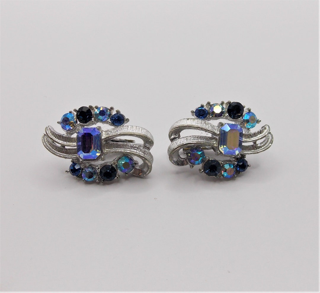 Vintage 1950's Blue AB Crystal Clip on Earrings, Blue Glass Earrings ...