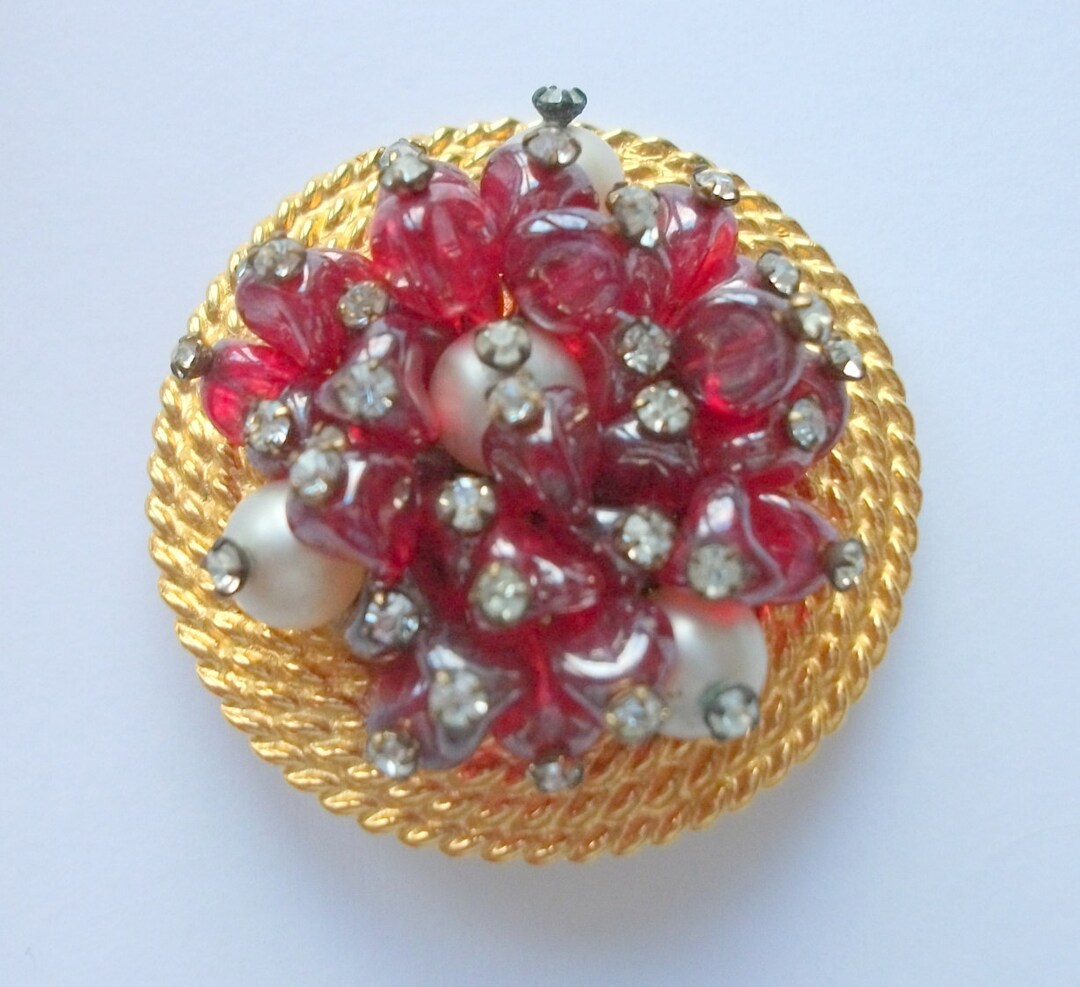 Vintage 1960's Ruby Red Gem Brooch, Ruby Red Art Glass Gems, Faux ...