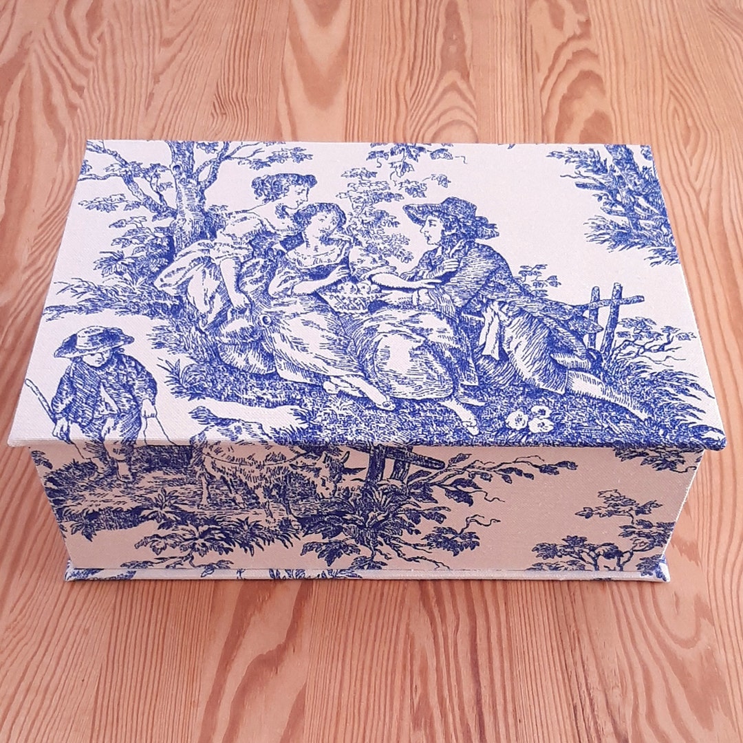 Blue Toile Fabric Keepsake Box,handmade Makeup Box,memory Box With ...