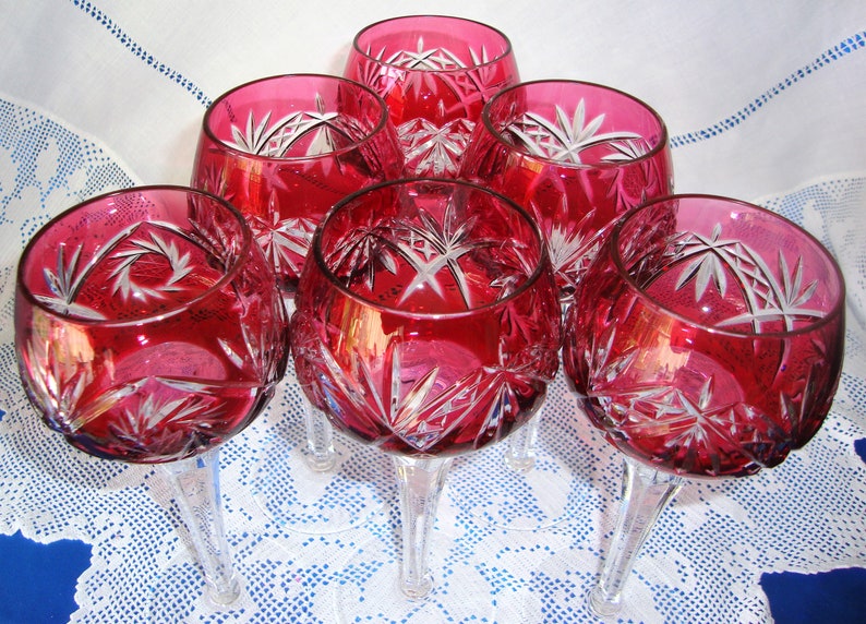 Set Of Six CRANBERRY CRYSTAL Wine Glasses / Hocks Cut To Clear | Etsy